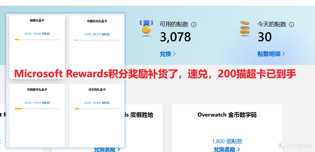 Microsoft Rewards积分奖励补货了，速兑，200猫超卡已到手_办公软件_什么值得买